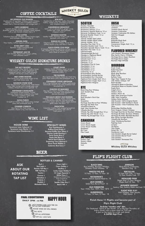 Menu at Whiskey Gulch CoffeePub, Port Orchard