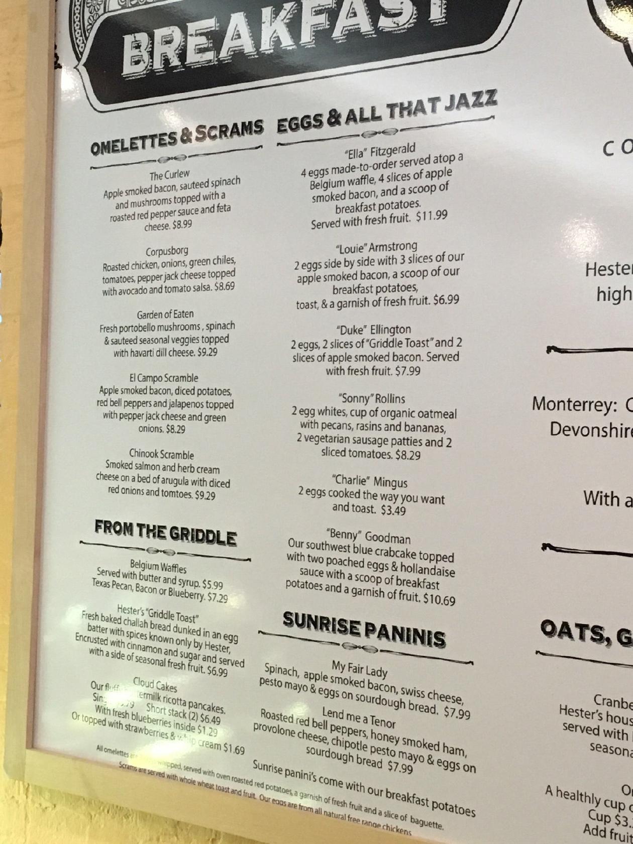 Menu at Hester's Cafe Lamar Park, Corpus Christi, S Alameda St