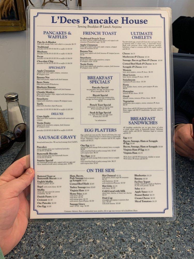 Menu at L'Dees Pancake House restaurant, Front Royal