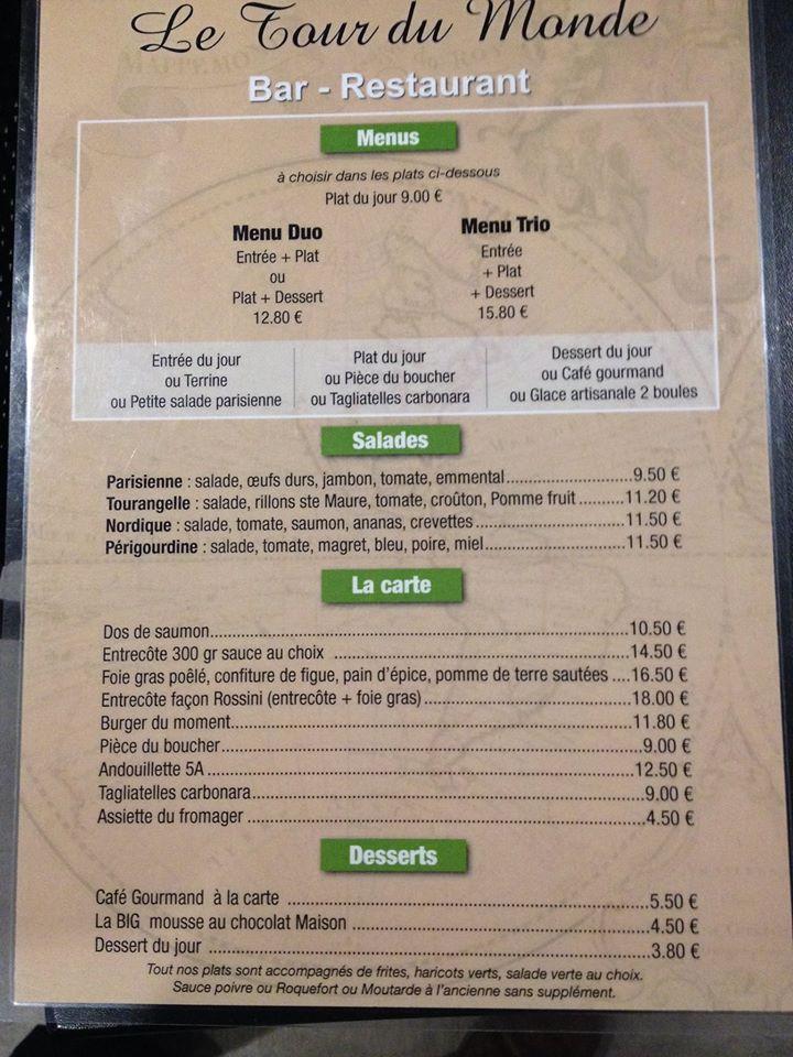 Carta del pub y bar Le Tour Du Monde, Tours, 5 Place Henri Langlois