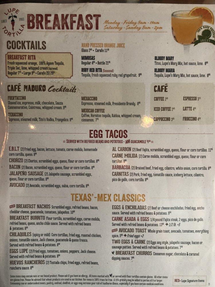 Menu at Lupe Tortilla Mexican Restaurant, Addison