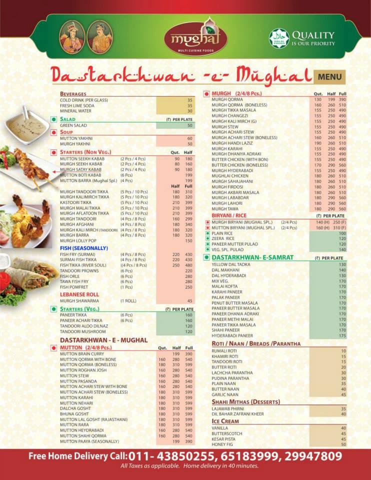 Menu at Mughal Cuisine Foods, New Delhi, Thokar No