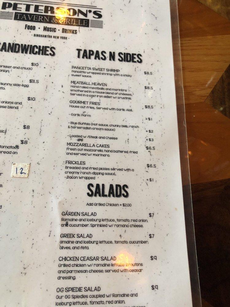 Menu at Peterson's Tavern pub & bar, Binghamton