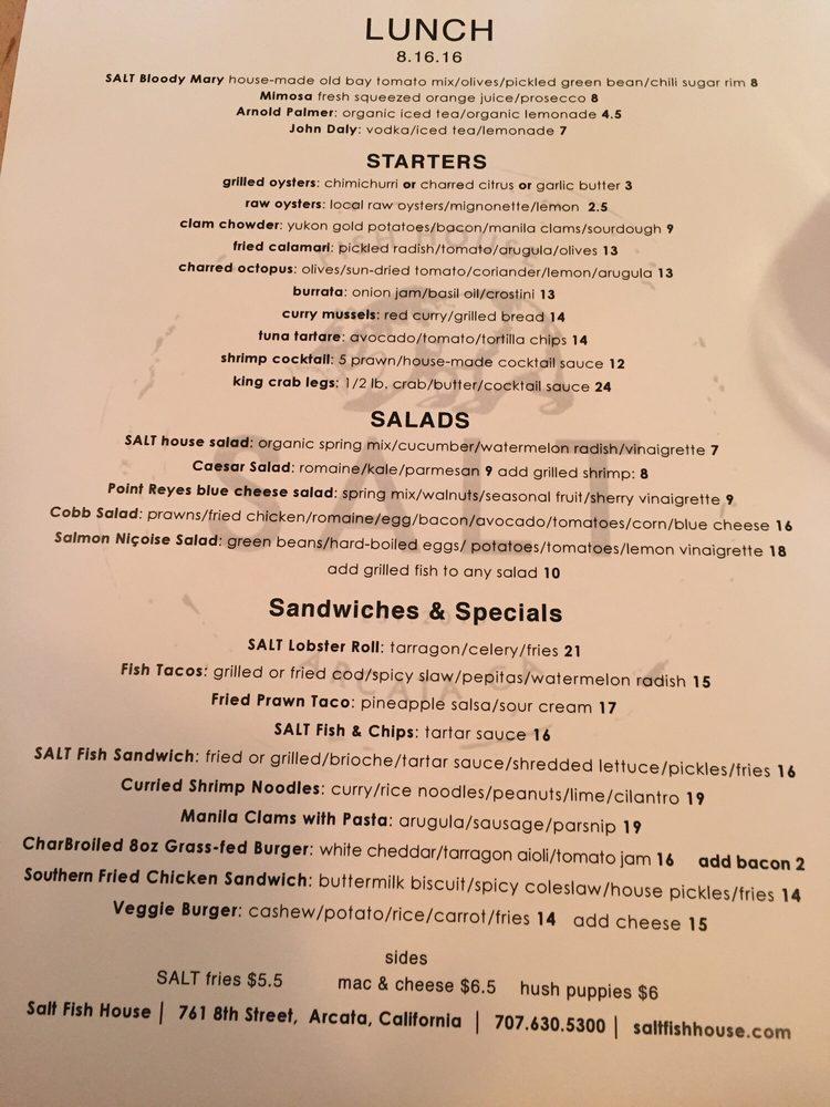 Menu at SALT Fish House restaurant, Arcata