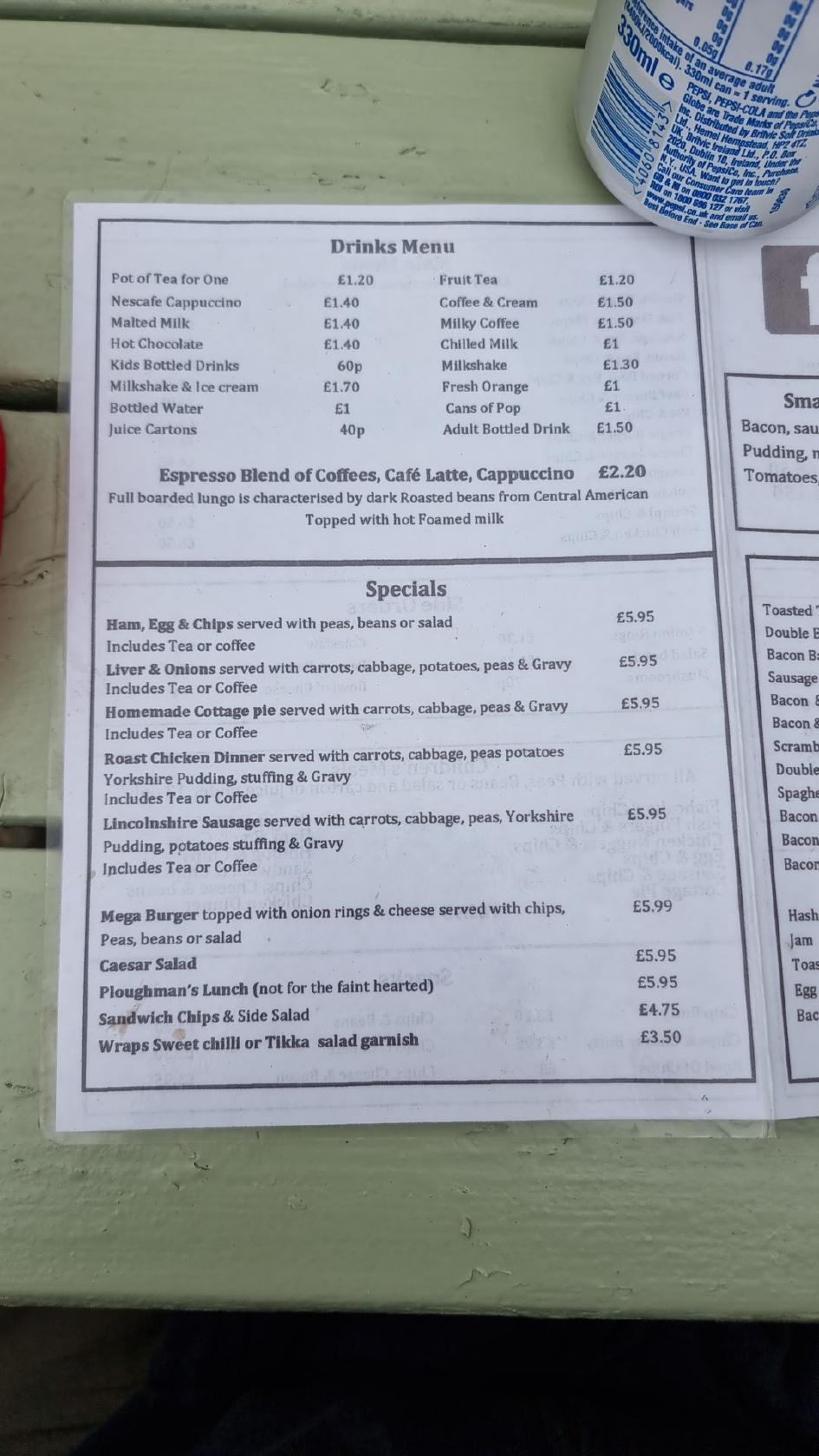 Menu at The Cauldron cafe, Mablethorpe