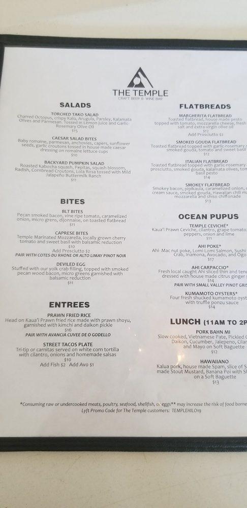 Menu at The Temple Bar, Hilo