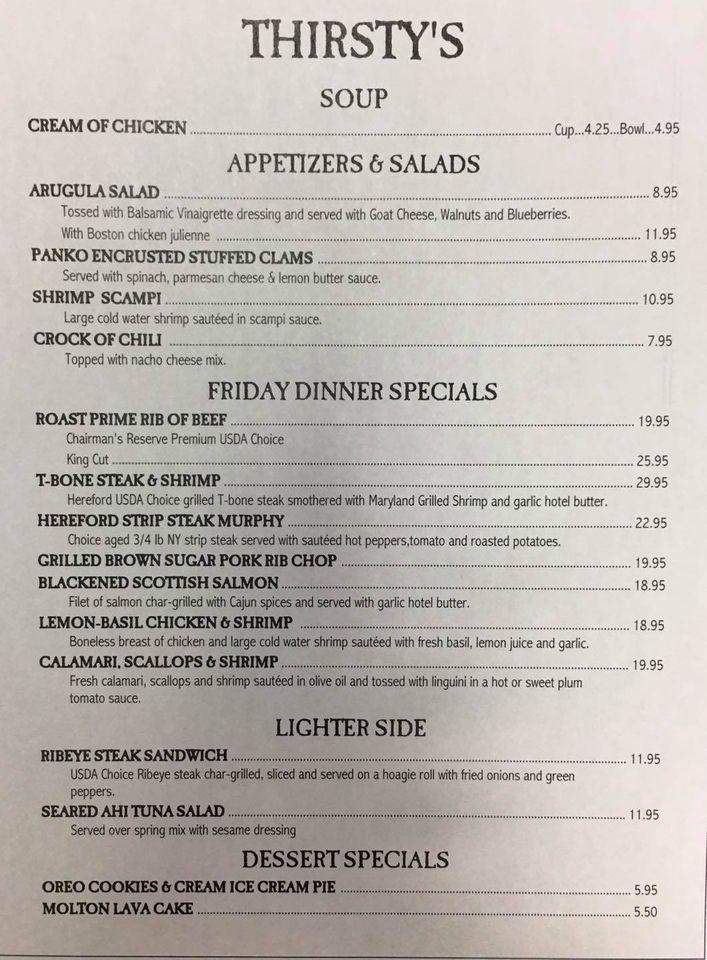 Menu at Thirsty's Restaurant and Tavern, Branchburg