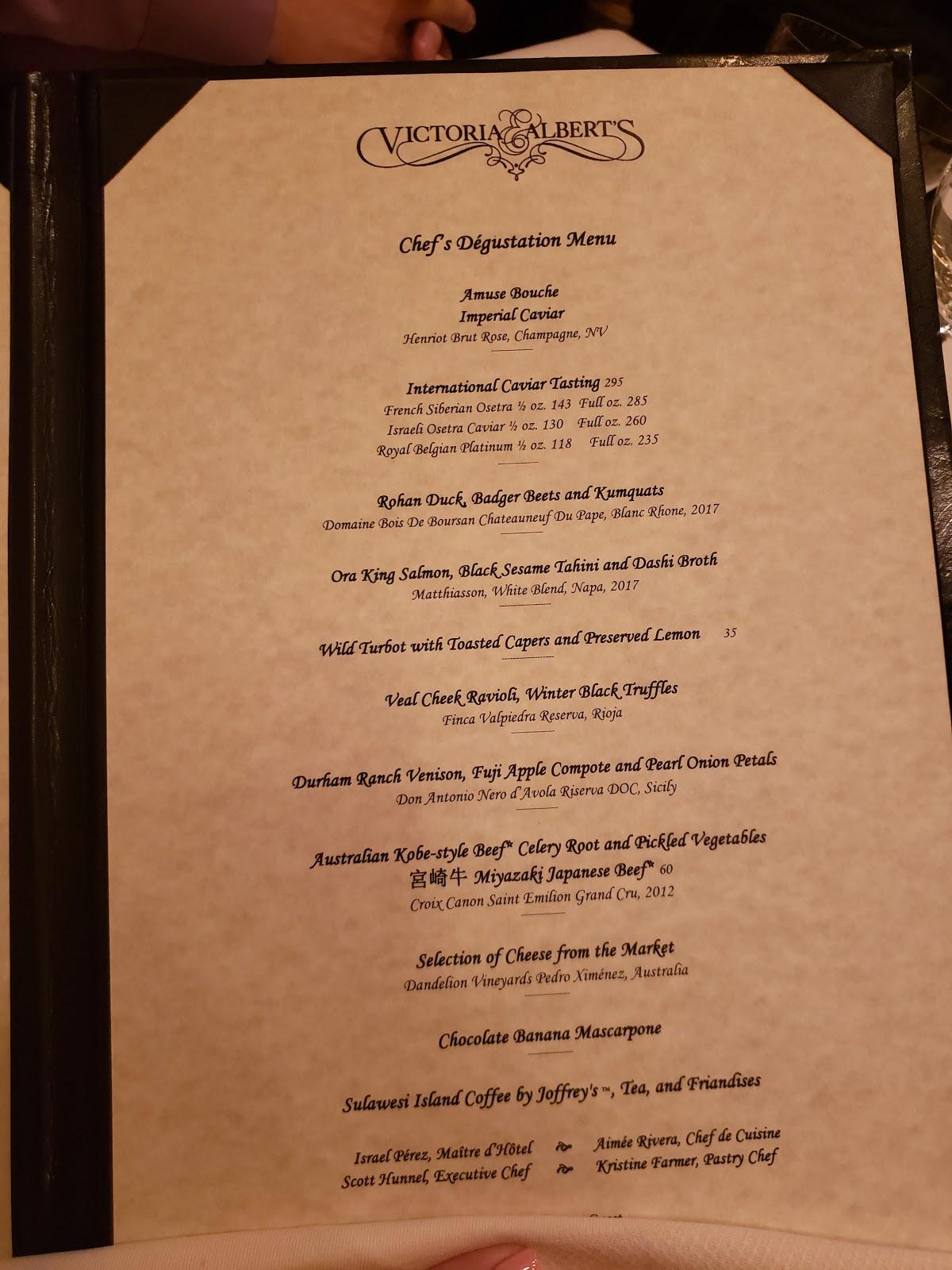 Menu at Victoria & Albert's restaurant, Orlando