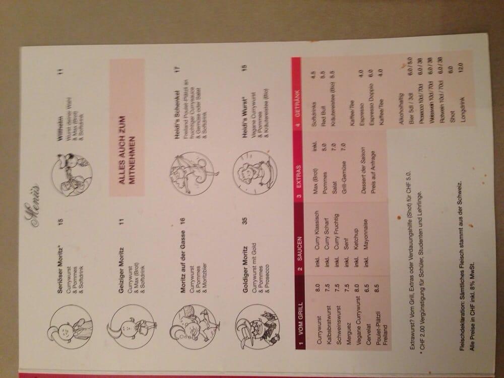 Menu da Wurst & Moritz, Zurigo