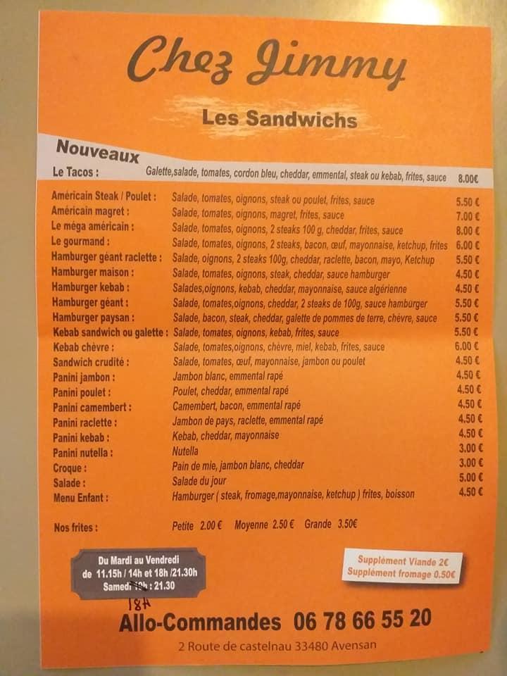 Menu at Chez Jimmy pizzeria, Avensan