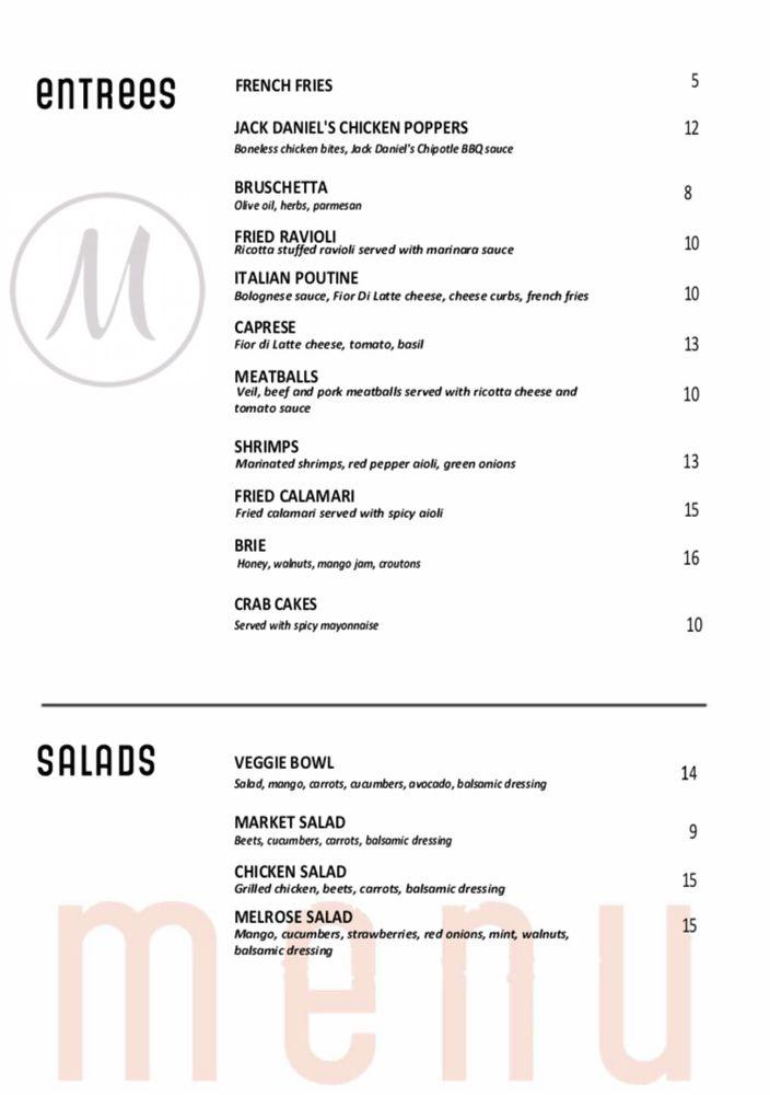 Menu at Melrose Resto pub & bar, Montréal