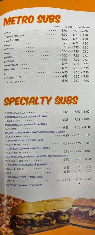 Menu at Metro Pizza pizzeria, New Bedford, 32 Dartmouth St