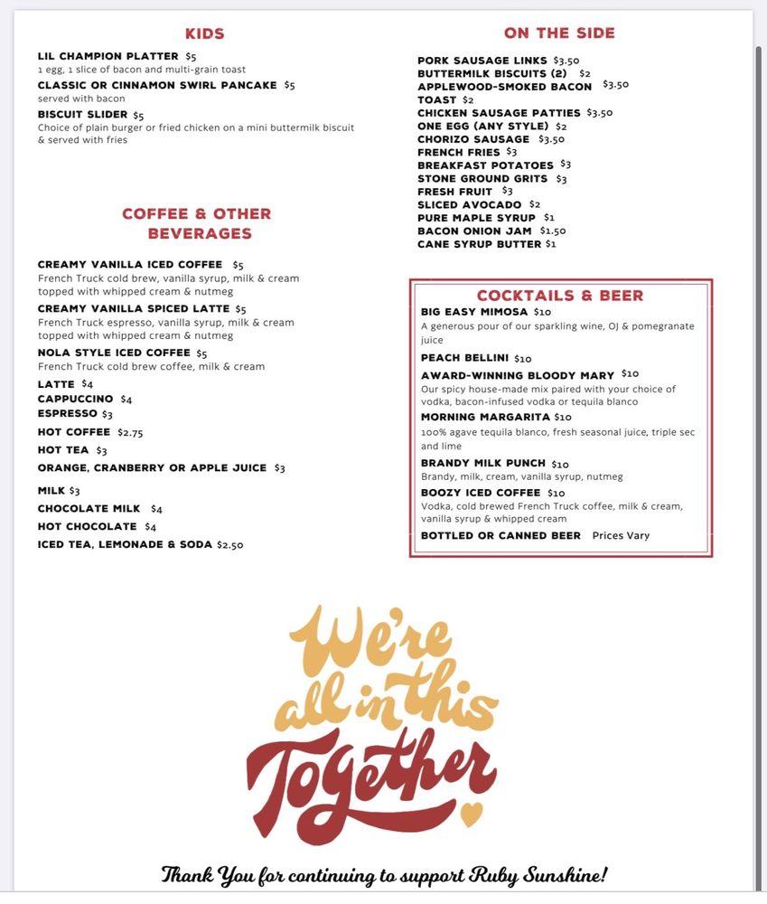 Carta del pub y bar Ruby Sunshine, Charlotte, 332 W Bland St