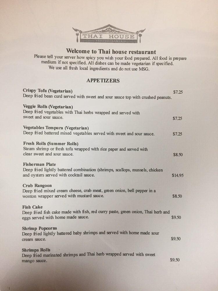 Menu at Thai House restaurant, Cameron Park