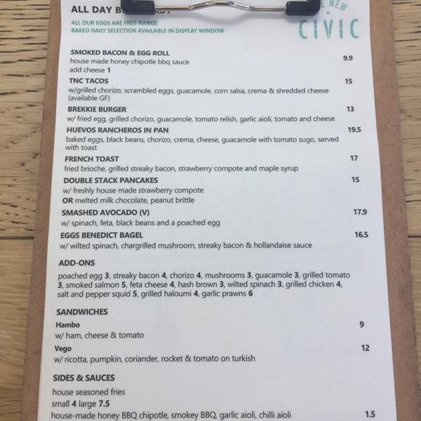 Menu at The New Civic cafe, Belrose, t30/56-58 Glen St