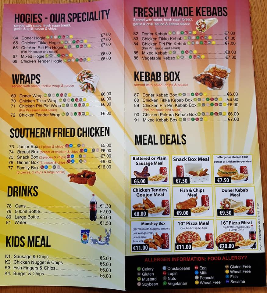 Menu at Top Pizza restaurant, Ballyshannon