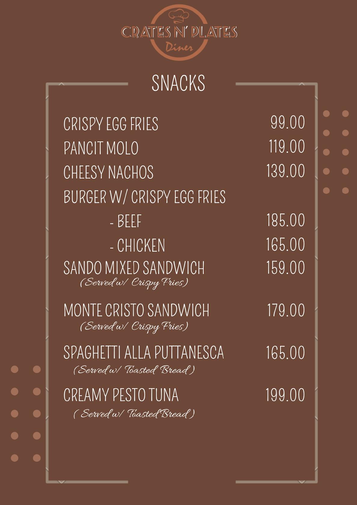 Menu at Crates N' Plates Diner, Iloilo City