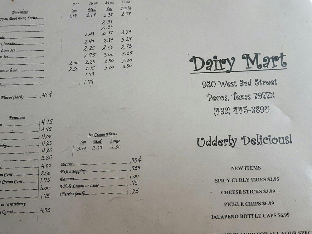 Menu at Dairy Mart restaurant, Pecos, 920 W 3rd St