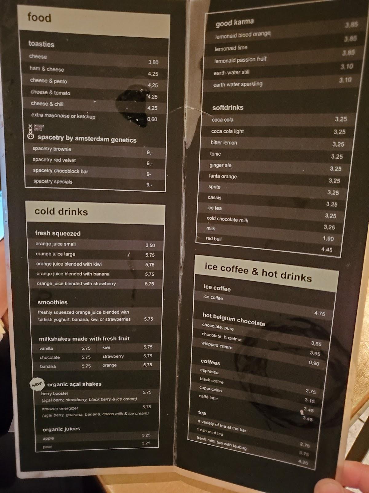 Menu at Dampkring, Amsterdam, Haarlemmerstraat 44