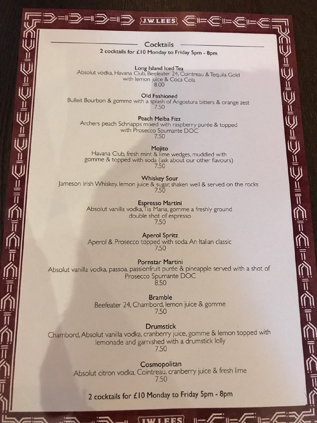 Menu at Founder's Hall pub & bar, Manchester