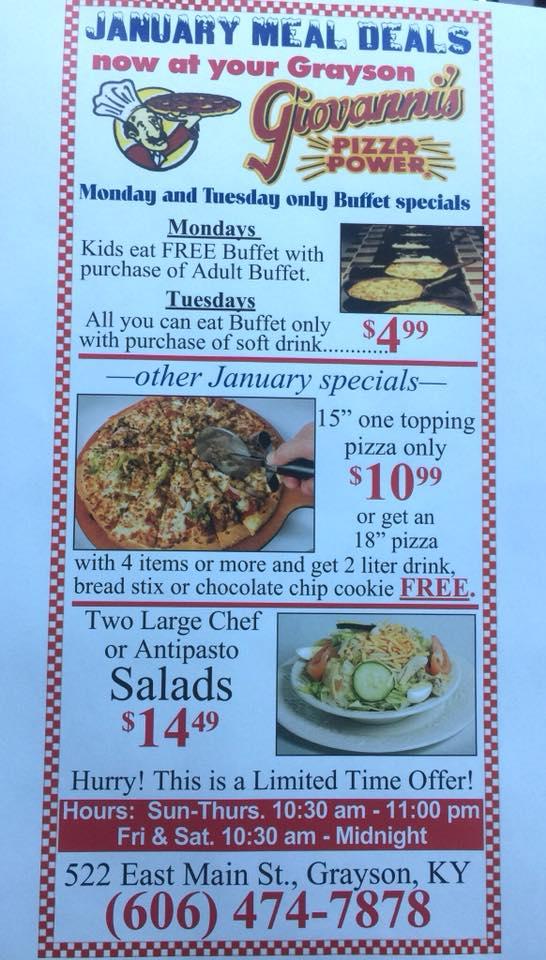 Menu at Nardos pizza restaurant, Grayson