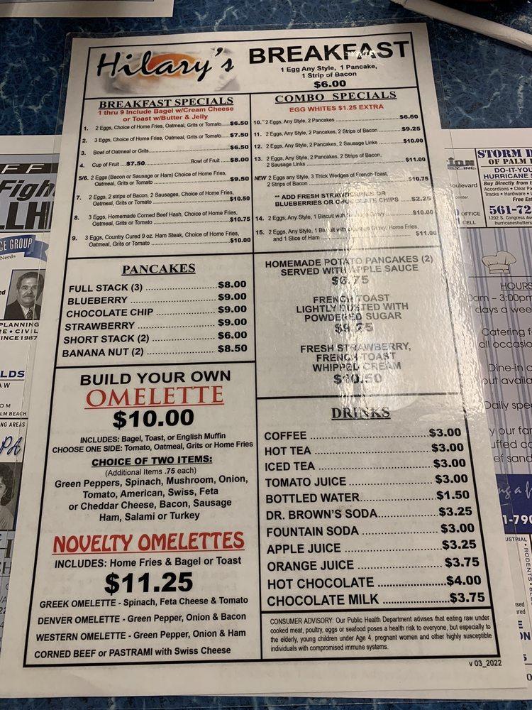 Menu at Hilary's Restaurant and Royal Deli, Royal Palm Beach