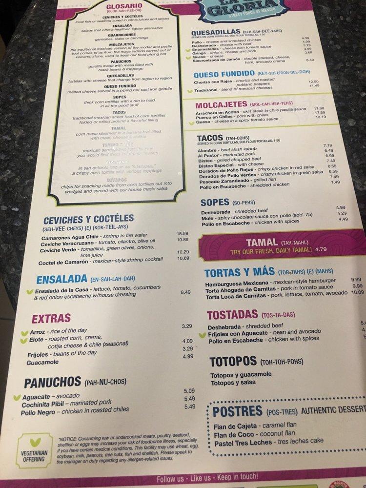 Menu at La Gloria restaurant, San Antonio, Airport Blvd