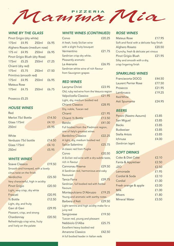 Menu at Pizzeria Mamma Mia, Southport