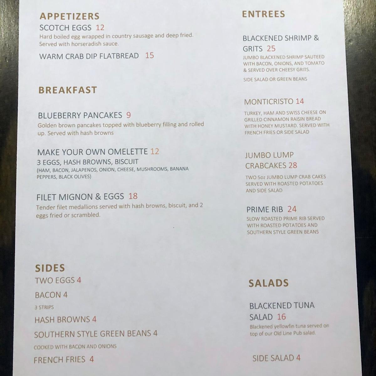Menu at Old Line Restaurant & Pub, Charlotte Hall