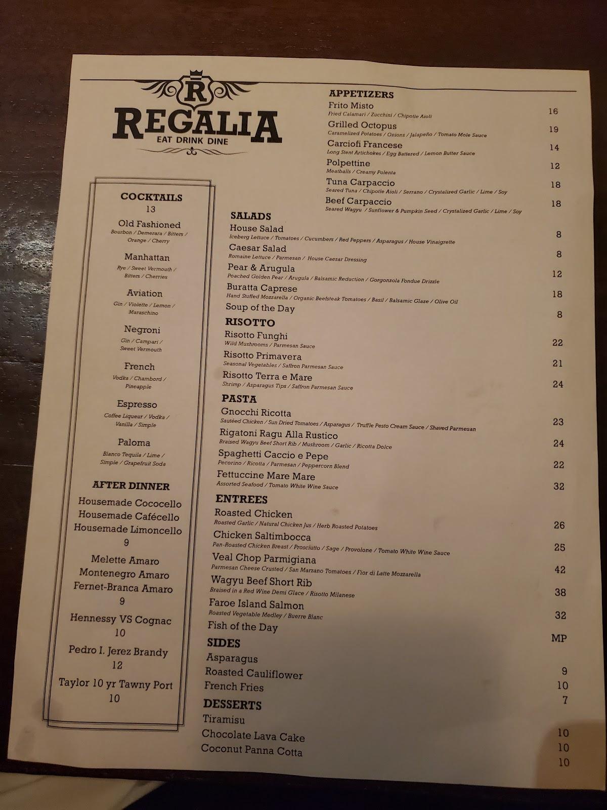 Menu at Regalia bar & restaurant, Chicago