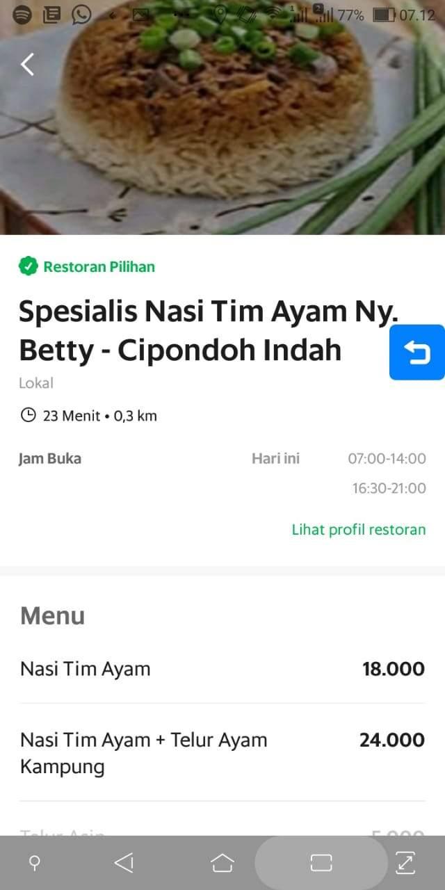 Menu at Spesialis Nasi Tim Ayam Ny. Betty, Tangerang