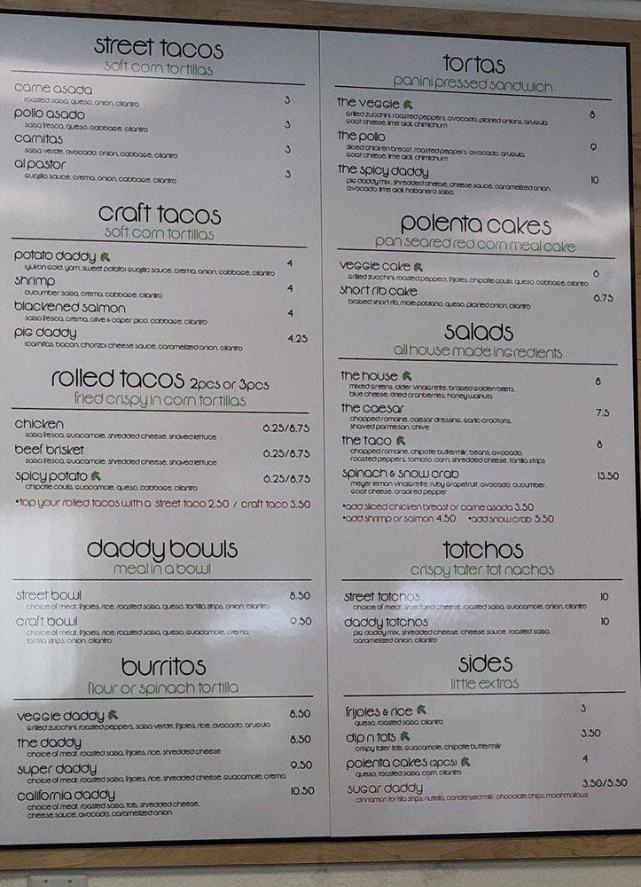 Menu at Taco Daddy's restaurant, Martinez