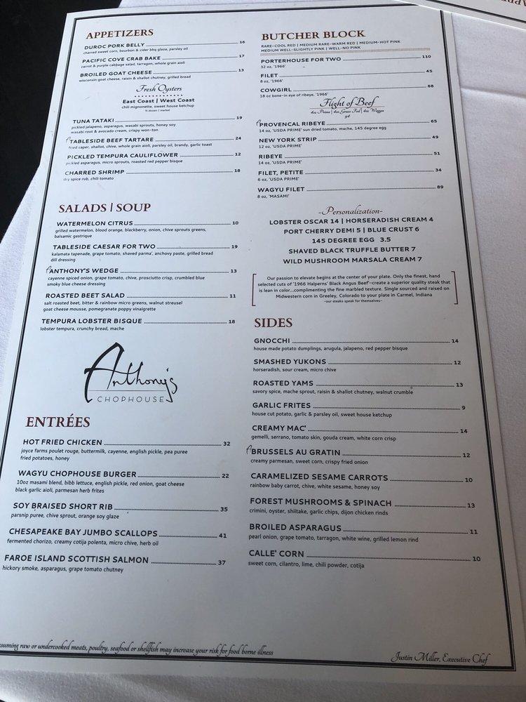Menu at Anthony’s Chophouse pub & bar, Carmel