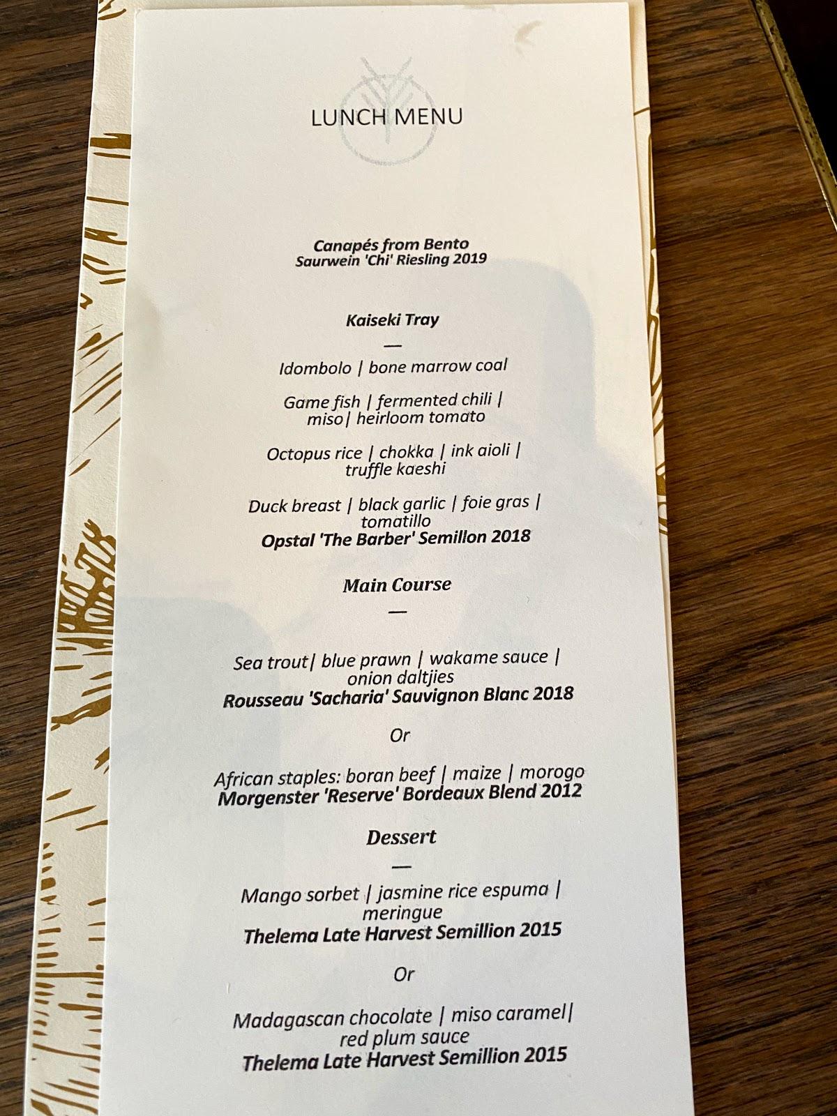 Menu at Fyn Restaurant, Cape Town