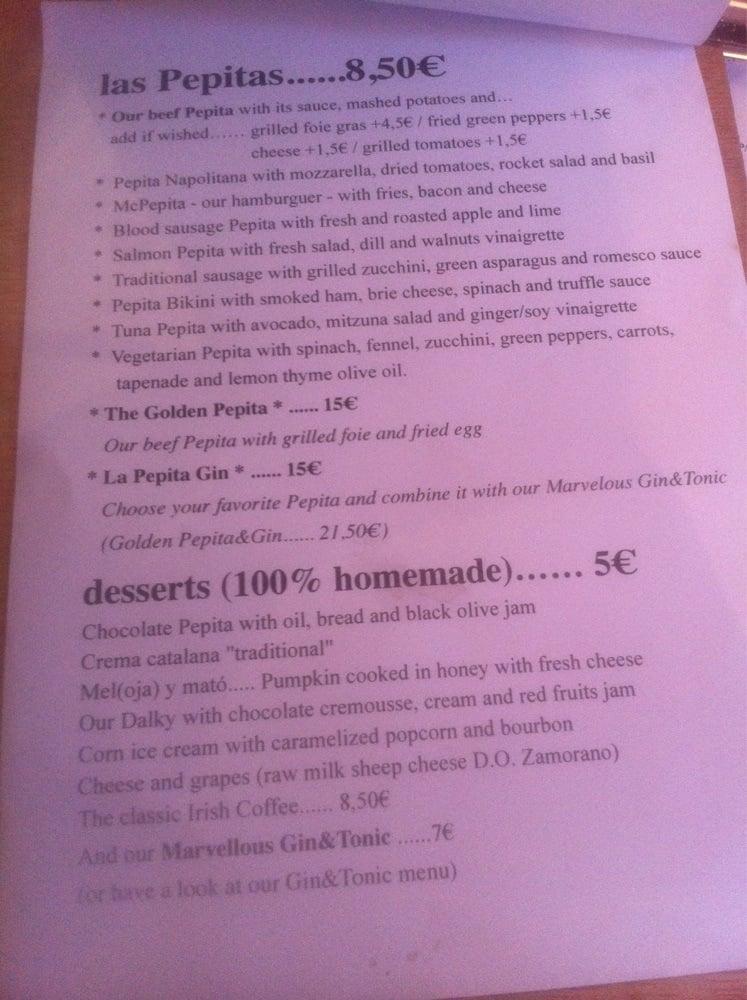 Menu at La Pepita pub & bar, Barcelona, C/ de Còrsega