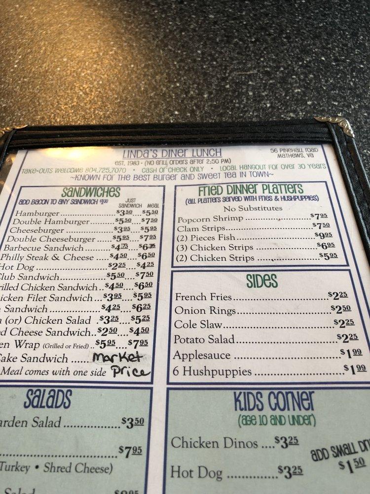 Menu at Linda's Diner restaurant, Mathews, VA-198