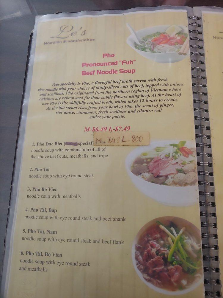 Menu at Pho Le restaurant, Wichita