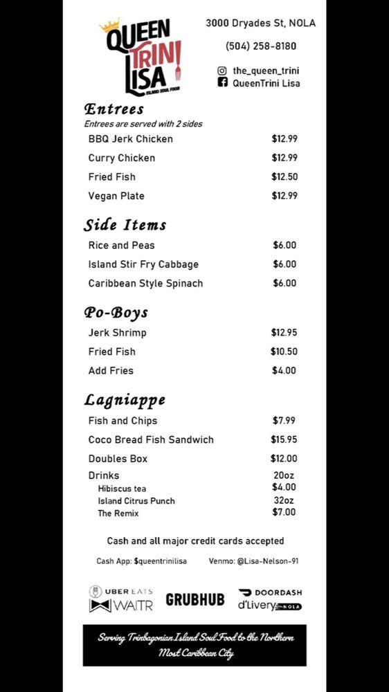 Menu at Queen Trini Lisa restaurant, New Orleans, Dryades St