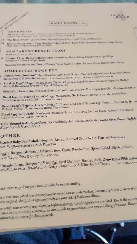 Menu at Root Down restaurant, Denver, W 33rd Ave