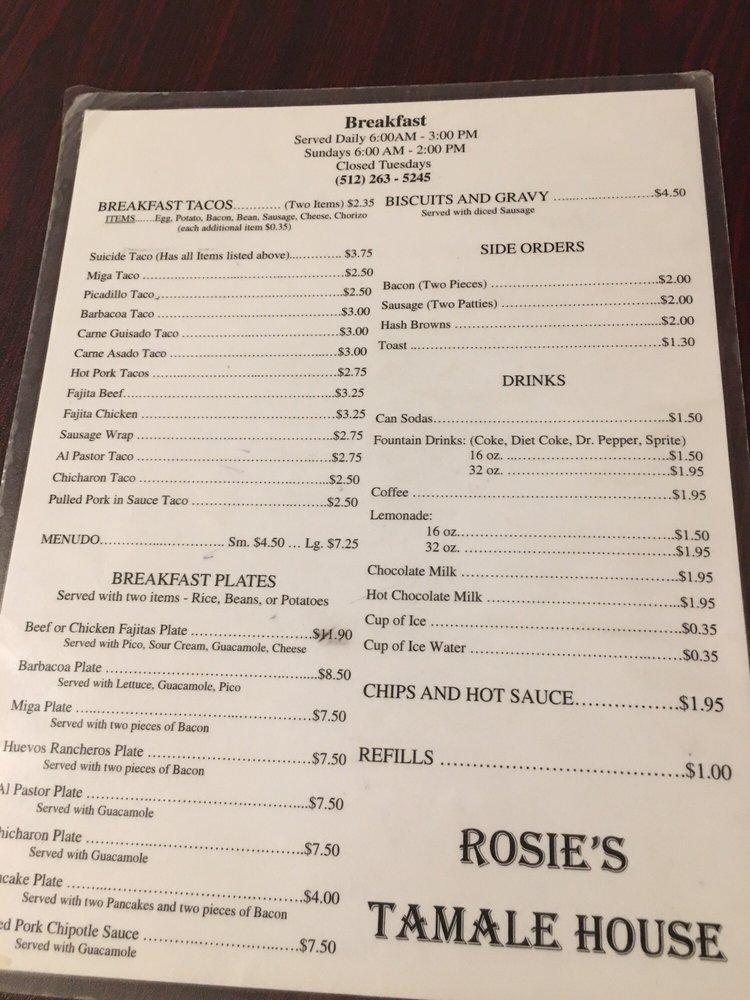 Menu at Rosie's Tamale House restaurant, Bee Cave, State Hwy 71