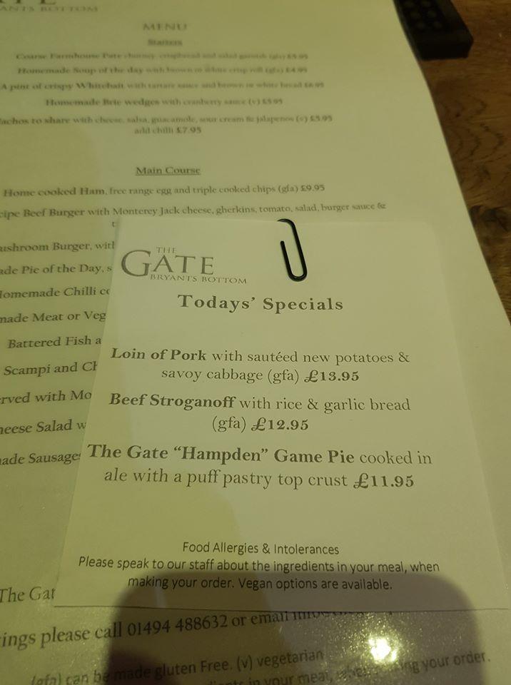 Menu at The Gate Pub, Prestwood, Bryants Bottom Rd