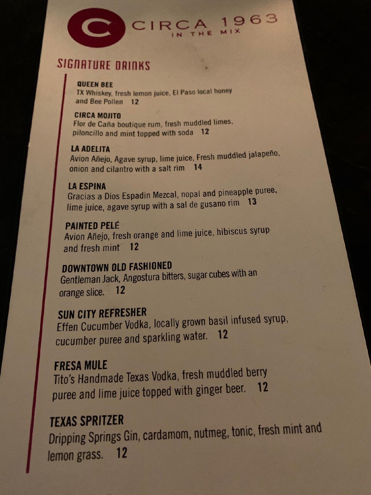 Menu at Circa 1963 pub & bar, El Paso