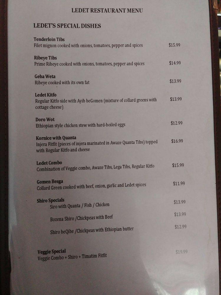 Menu at Ledet Ethiopian Restaurant, Clarkston, 447 N Indian Creek Dr