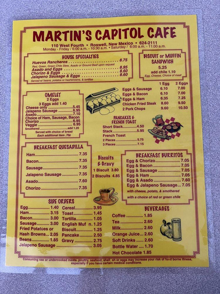 Menu at Martin's Capitol Cafe, Roswell
