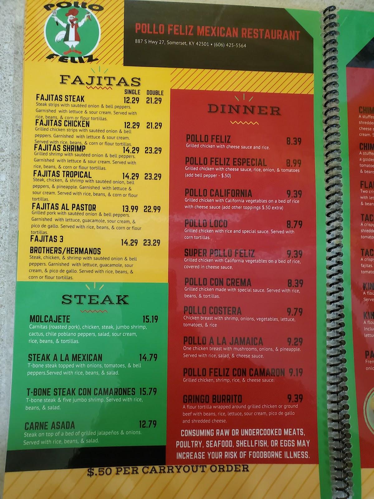 Menu at Pollo Feliz restaurant, Somerset