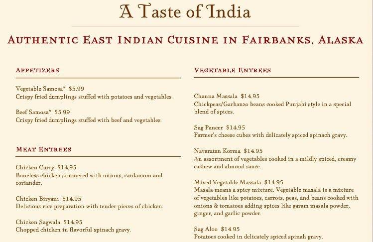 Menu at Taste of India restaurant, Fairbanks