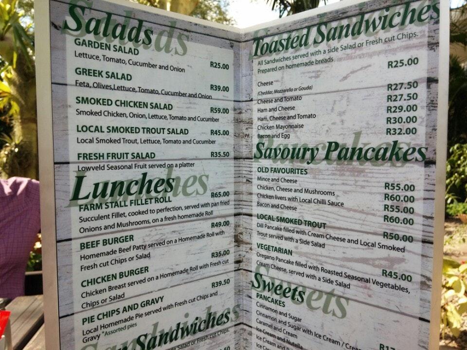 Menu at Hall's Farm Stall restaurant, Nelspruit