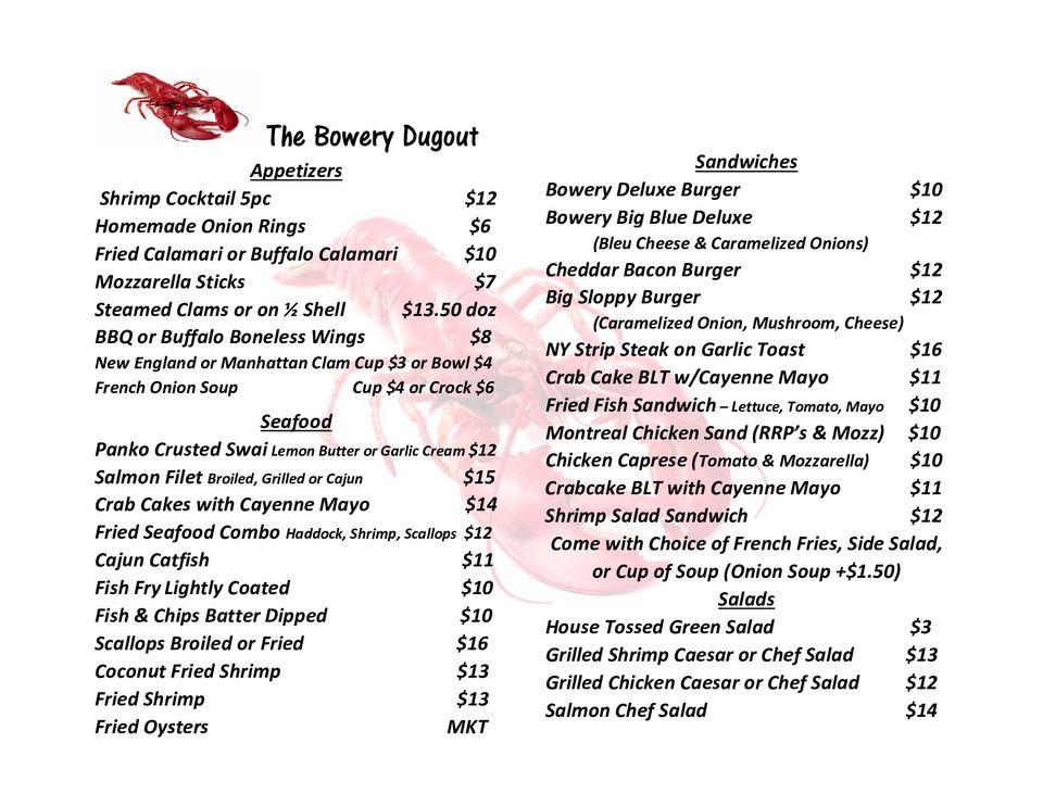 Menu at Bowery Dugout steakhouse, Kingston