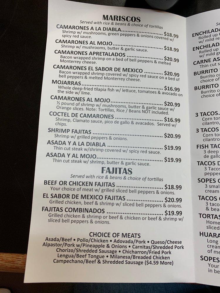 Menu at El Sabor De Mexico restaurant, Chehalis