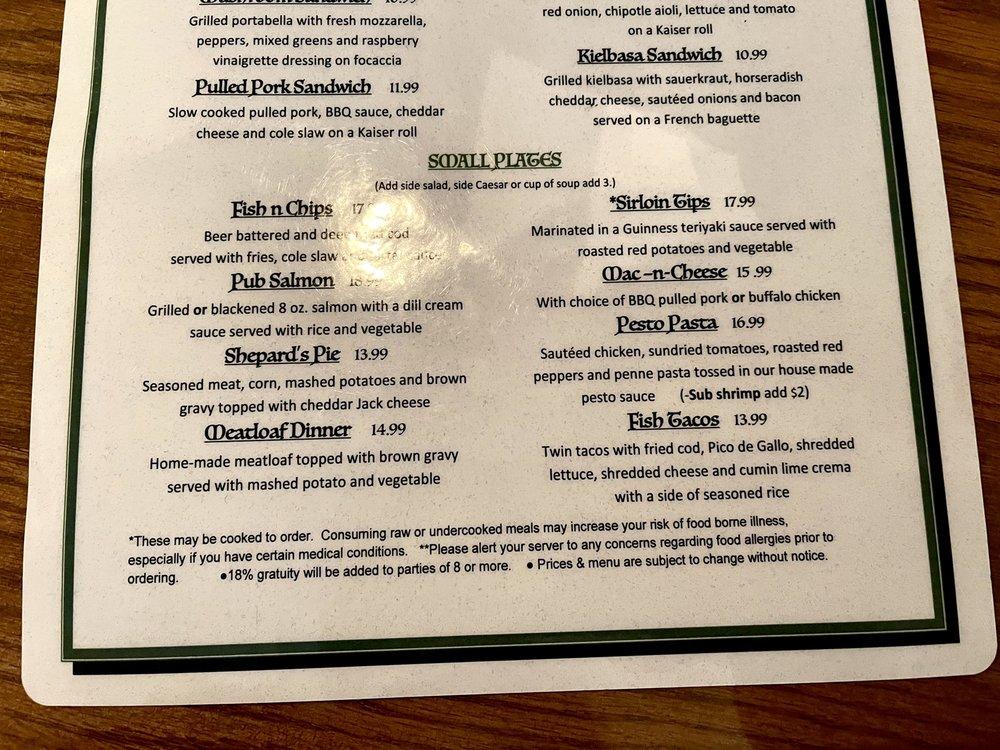 Menu at Farley Mac's pub & bar, Simsbury